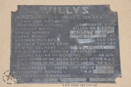 Data Plate Willys MB 23.12.1944 - us-army-military-shop
