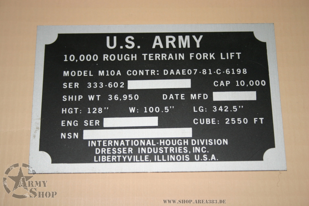 Data Plate Fork Lift Model M10A 163mmx88mm - us-army-military-shop