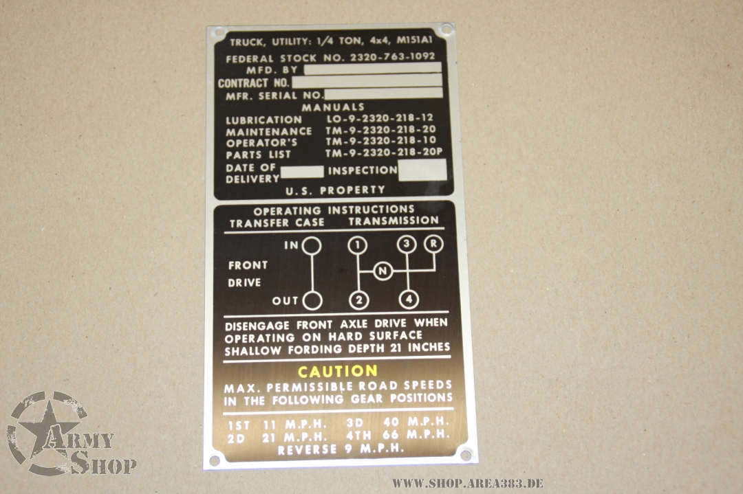 Data Plate Ford Mutt M151 A1 - us-army-military-shop