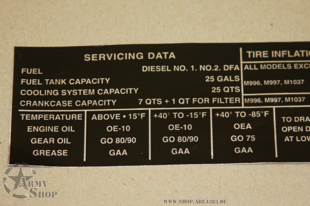Army Data Plate HMMWV M996 M997 M1037 - us-army-military-shop