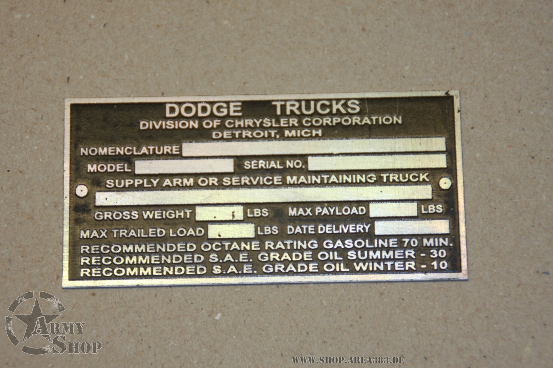 Data Plate Dodge WC - us-army-military-shop